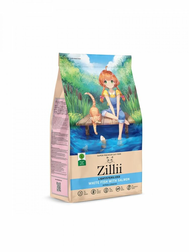 Сухой корм ZILLII Light/Sterilized Cat для кошек с избыточным весом и стерилизованных, белая рыба с лососем, 400 г