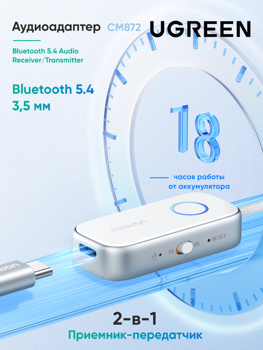 Адаптер Bluetooth приемник/передатчик UGREEN CM872 (45812) Bluetooth 5.4 Audio Receiver/Transmitter. Цвет: белый