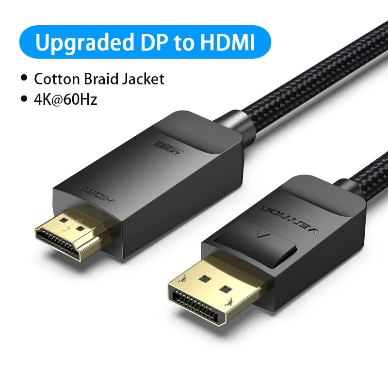 Кабель-переходник Vention DP на HDMI 4K 4K60Hz Black, 2 м
