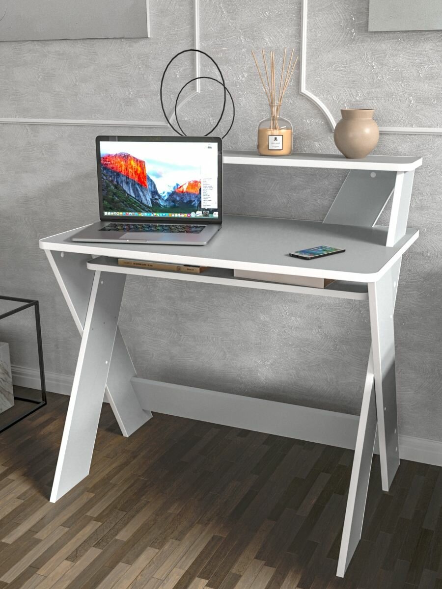 Стол компьютерный письменный с полками, цвет серый