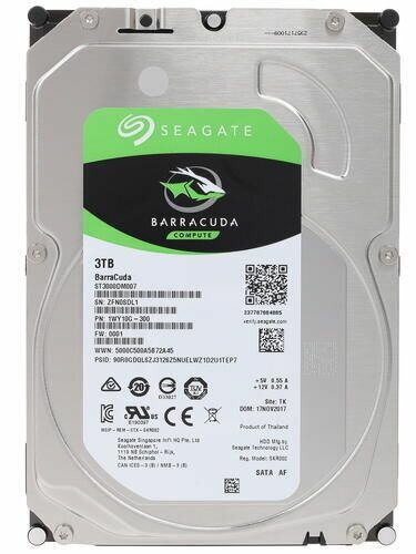 3.5" 3 ТБ Жесткий диск Seagate BarraCuda (ST3000DM007) - SATA III, 6 Гбит/с, 5400 об/мин, кэш память - 256 МБ