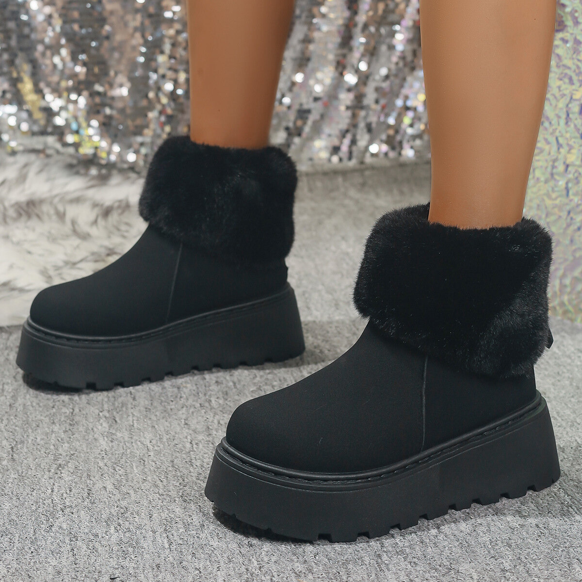 2025 новые модные зимние ботинки на маленькой платформе с толстым дном и меховым воротником, короткие женские зимние ботинки из бархата и хлопка больших размеров