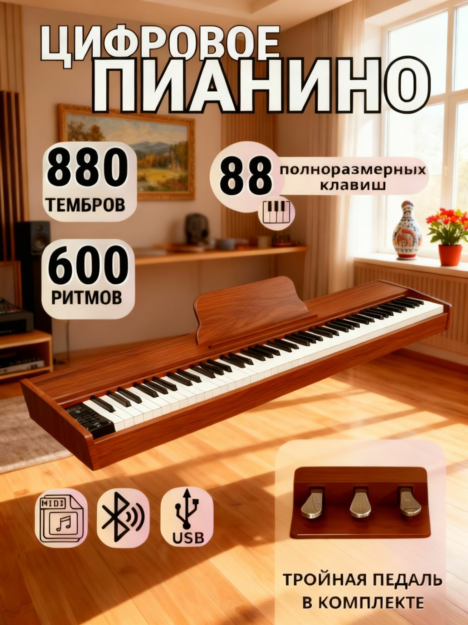 Цифровое пианино 88 клавиш bluetooth, 880 тембров, 600 ритмов, деревянный корпус, три педали, MIDI/USB, коричневый