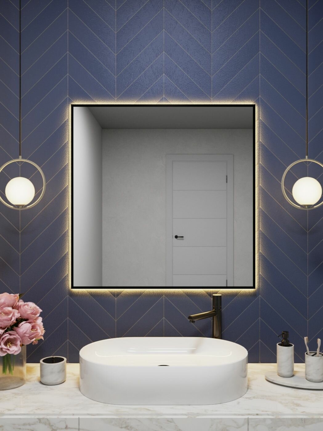 Зеркало в ванную 80х80 см. черное с подсветкой. Свет: Теплый белый 3000К В алюминиевой раме настенное MOONRISE