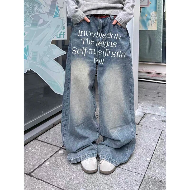 Охоты Брюки JYL Женские джинсы Чистый цвет Синее клетчатое сшивное Харадзуку 2000-х эстетика винтажный Oversize