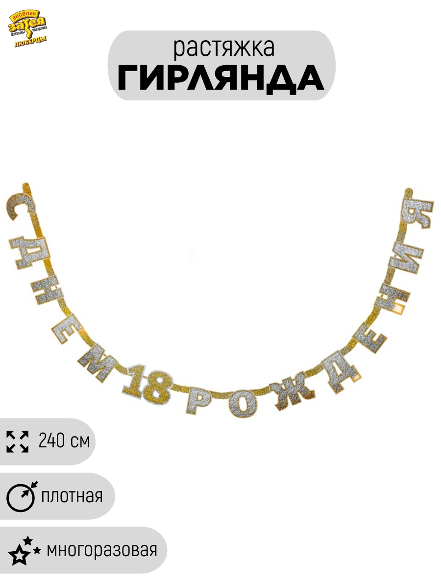 Гирлянда-буквы "С Днём Рождения 18" голография, длина 240 см