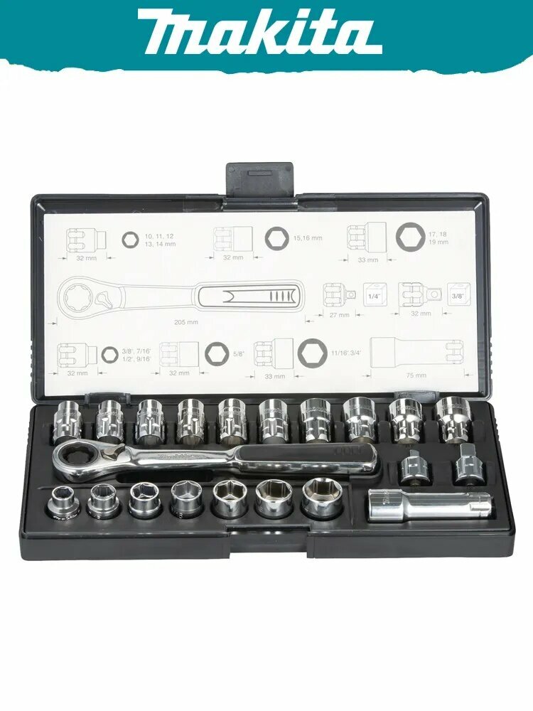Makita B-65604 Набор торцевых головок с трещоткой (21 предмет) для затягивания гаек и болтов. Ручной инструмент.