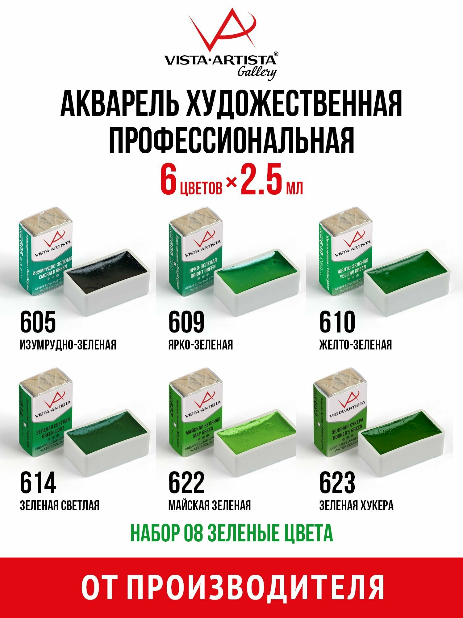 VISTA-ARTISTA акварель в кюветах, набор Оттенки, 6 цветов, 08 Зеленые (605, 609, 610, 614, 622, 623), VAWS-06