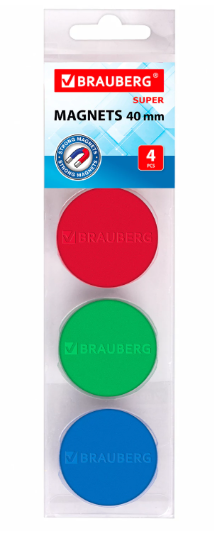 Магниты мощные 40 мм (большого диаметра), набор 4 шт, ассорти, BRAUBERG SUPER, 237480