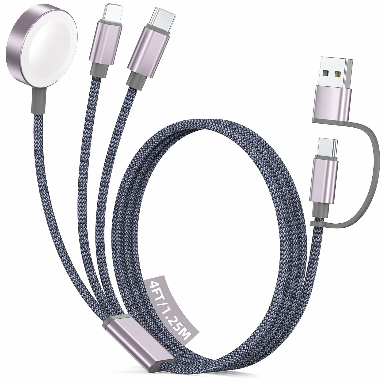 Многофункциональный трехпортовый кабель для зарядки USB-C, подходит для часов/мобильных телефонов/наушников, кабель для зарядки в машине, кемпинга, путешествий, фиолетовый, 1 шт.