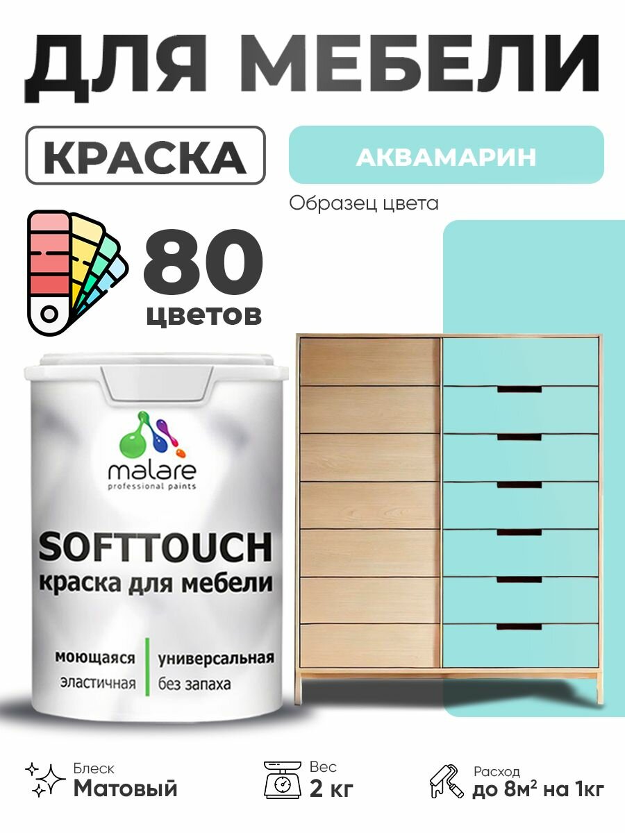 Акриловая краска для мебели Malare SoftTouch для кухонных фасадов для дерева и МДФ, моющаяся быстросохнущая, матовая, аквамарин, 2 кг.