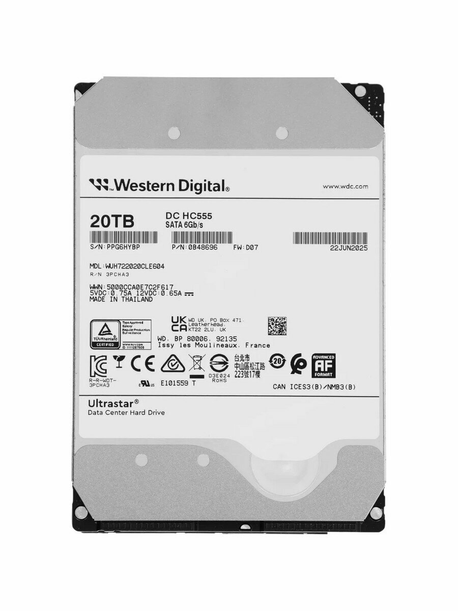 Жесткий диск WD 20Tb Ultrastar DC HC555 (3.5", SATA-III, 7200rpm, 512Mb) (WUH722020CLE604)