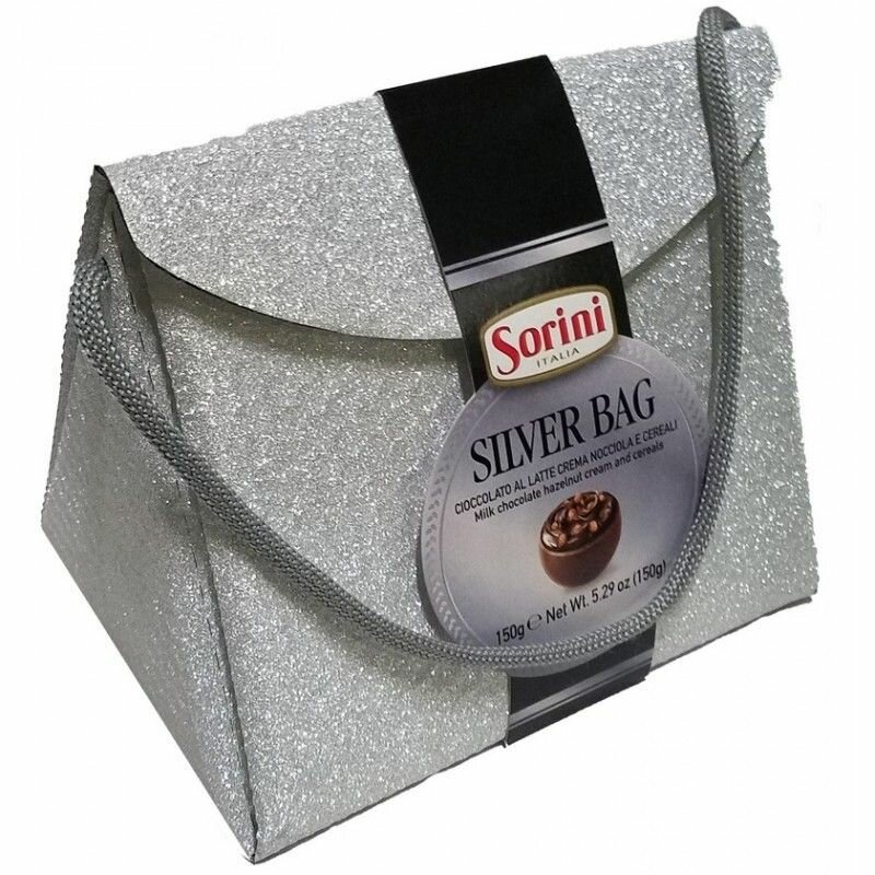Конфеты SORINI "Glitter Bag" из молочного шоколада с ореховым кремом и зерновыми (Серебро) 150г