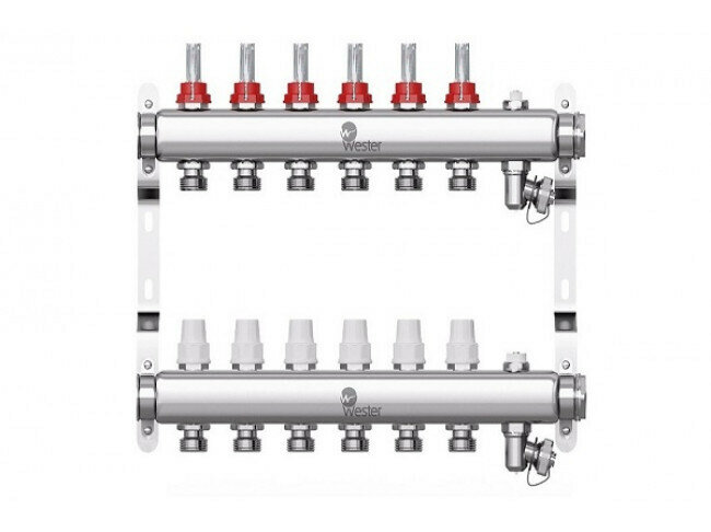 Коллекторная группа 1" из нерж. стали на 6 выходов 3/4"ЕК с расходомерами, коллектор W902 в сборе, Wester 0-32-1830