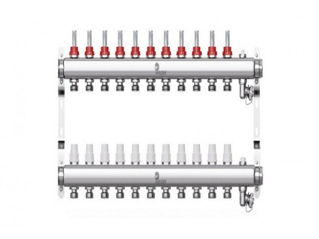 Коллекторная группа 1" из нерж. стали на 11 выходов 3/4"ЕК с расходомерами, коллектор W902 в сборе, Wester 0-32-1855