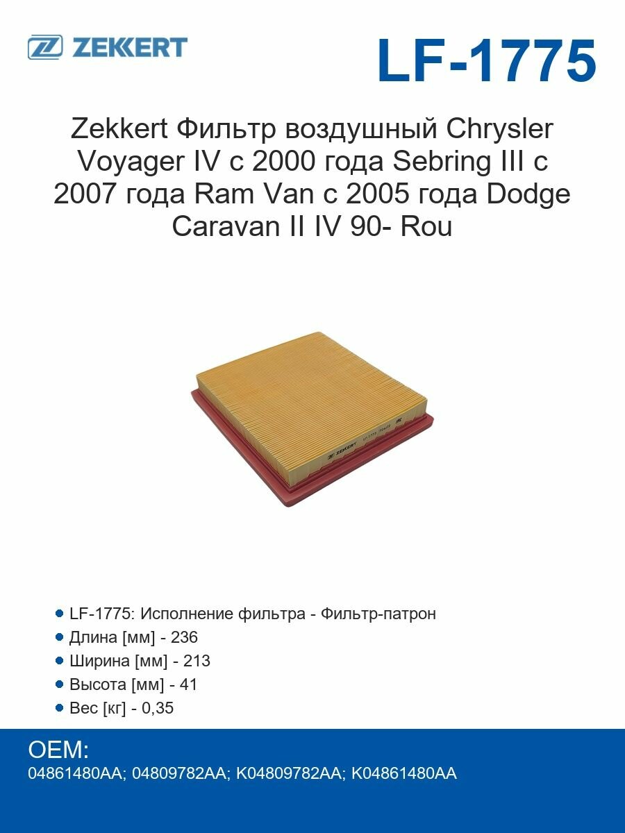 Zekkert Фильтр воздушный Chrysler Voyager IV с 2000 года Sebring III с 2007 года Ram Van с 2005 года Dodge Caravan II IV 90- Rou