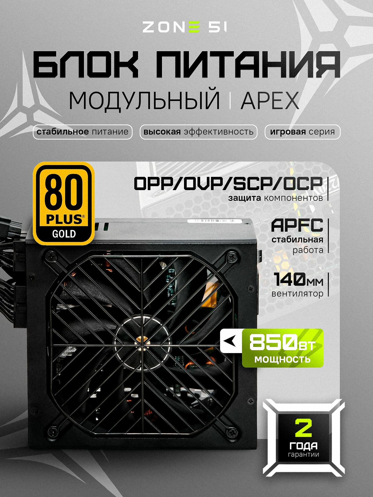 Блок питания 850 Ватт ZONE 51 Apex 80Plus Gold-850