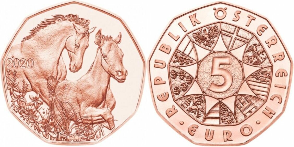 Австрия 5 евро, 2020 Друзья на всю жизнь - Лошади UNC