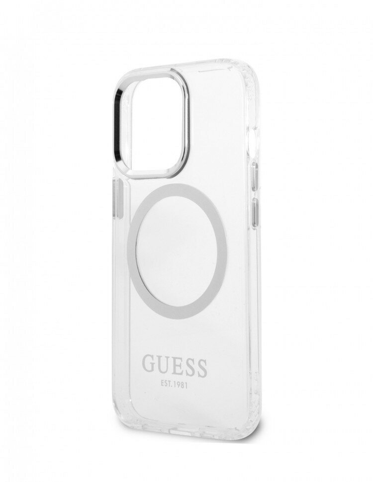 Guess для iPhone 13 Pro Max чехол MagSafe PC/TPU Metal outline Hard Transparent/Silver