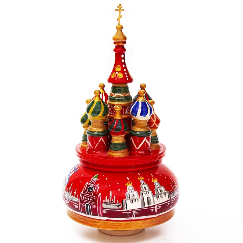 Музыкальная расписная игрушка из дерева Собор Москва красный фон 20 см