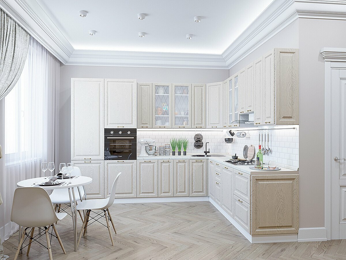 Кухня Ницца-04, цвет фасада Дуб крем, цвет каркаса Белый, 2340*3200/2700*600 мм