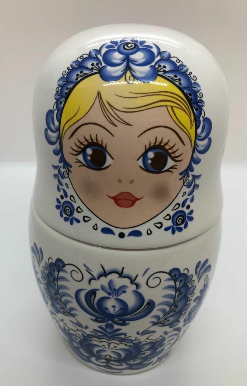 Чай листовой в керамической чайнице, Матрешка белая