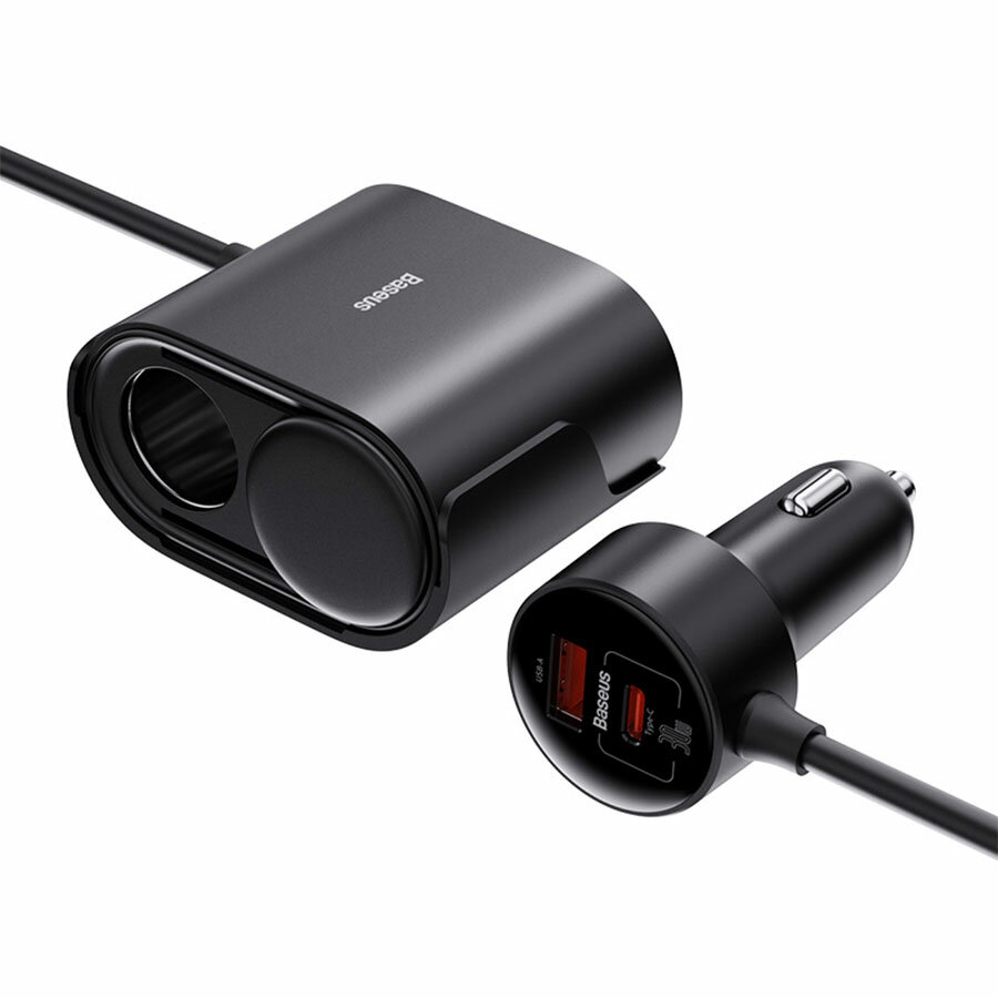 Автомобильное зарядное устройство BASEUS High Efficiency Pro, 1xUSB + 1xUSB-C с разветвителем 2 прикуриватель, 3A, 30W, черный