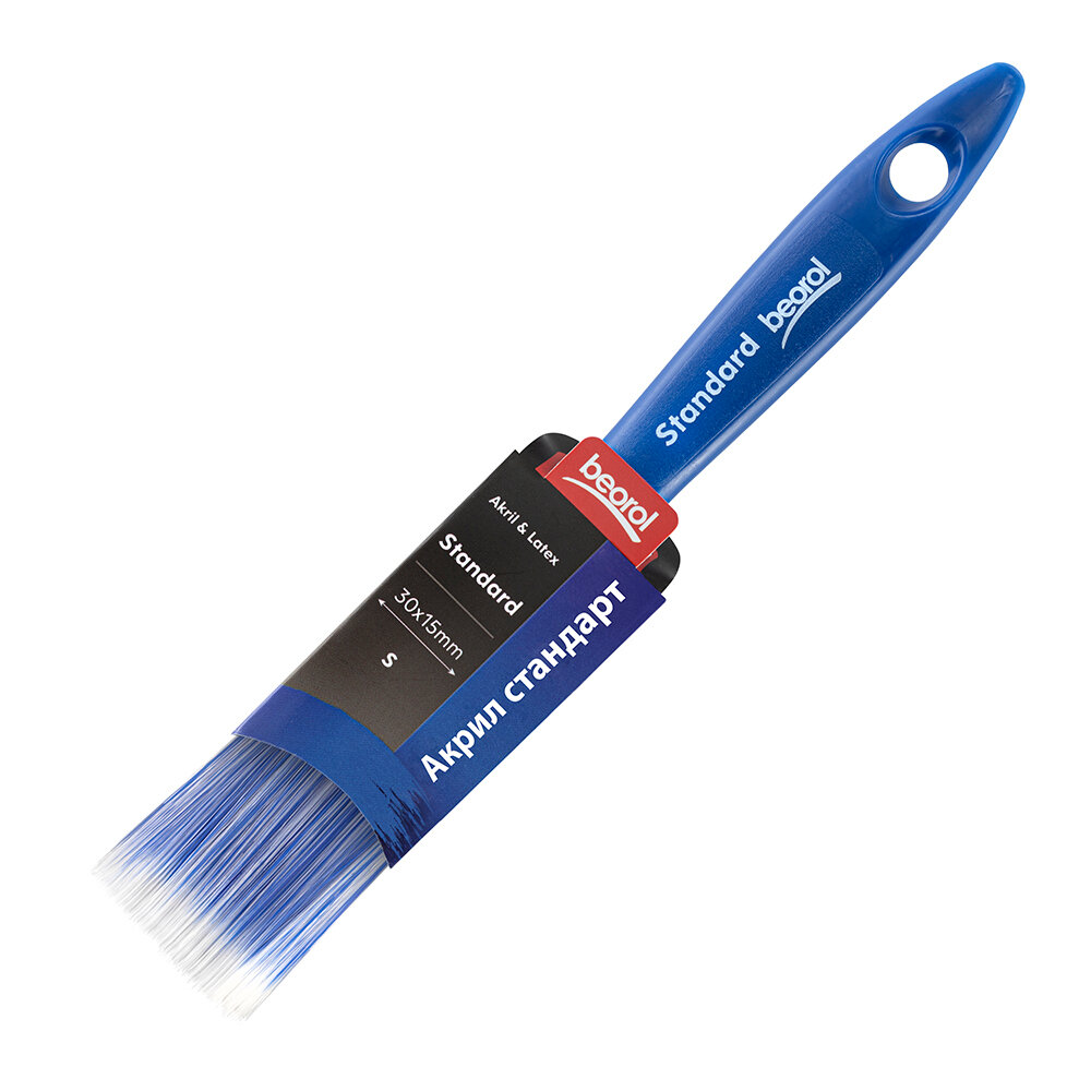 Кисть плоская искусственная щетина пластиковая ручка Beorol 30х15 мм для красок и антисептиков на водной основе