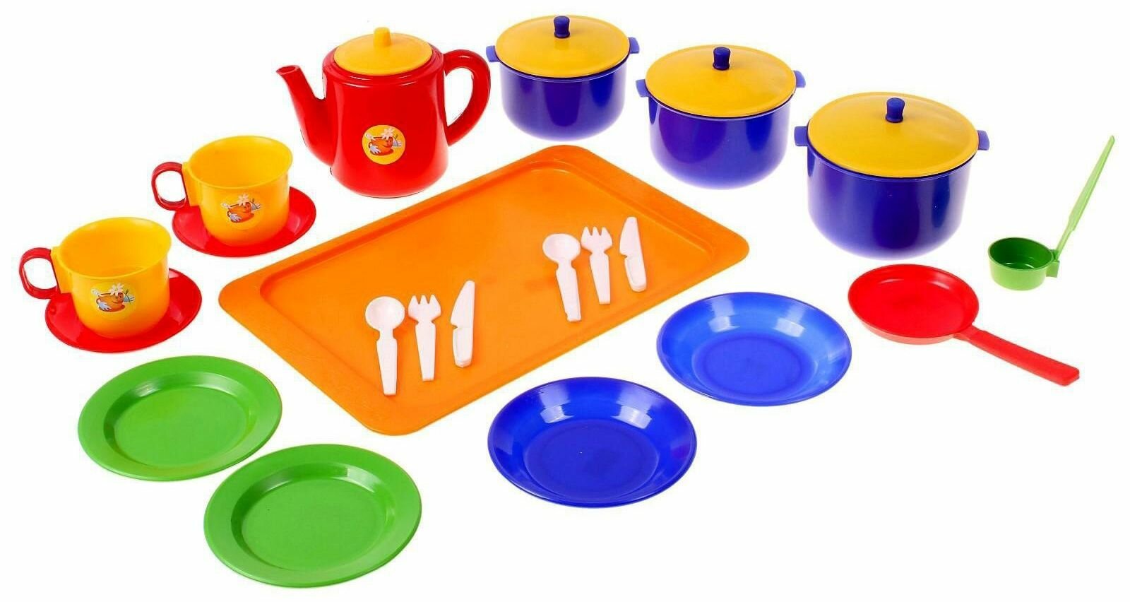 Детская игрушечная пластиковая посуда "Хозяюшка", большой сюжетно-ролевой набор кухонной посудки для малышей, 21 элемент