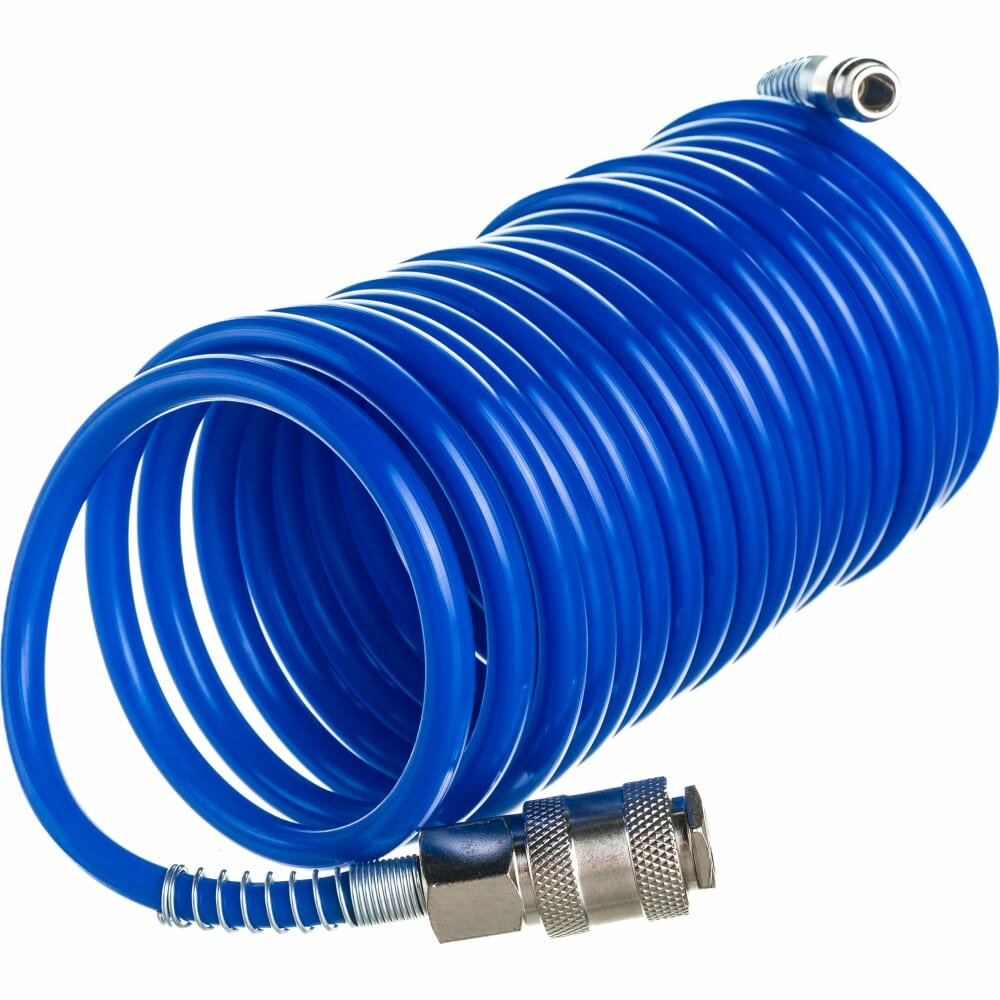 Шланг спиральный синий с быстросъемными соединениями профи (5 м; 5х8 мм; 20 бар) Pegas pneumatic 4910