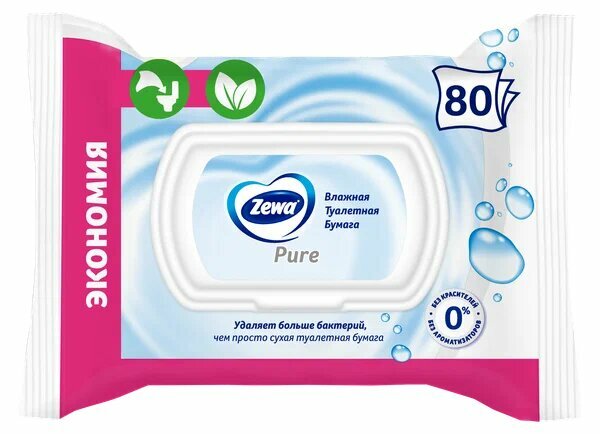 Бумага туалетная Zewa влажная Пьюр 80 шт в упаковке