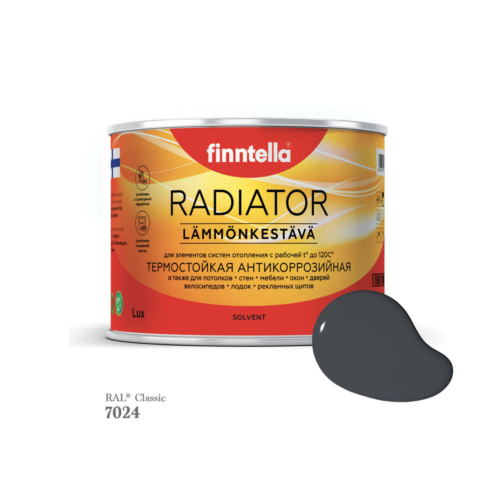 Краска для радиаторов быстросохнущая финская эмаль FINNTELLA RADIATOR, цвет RAL7024 , 0,45л