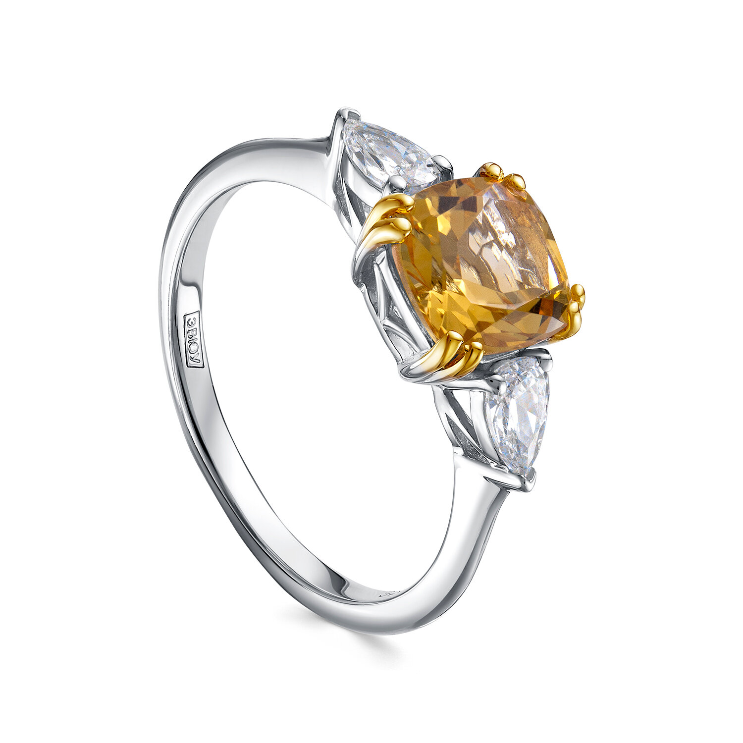 Кольцо, серебро, 925 проба, фианит, цитрин