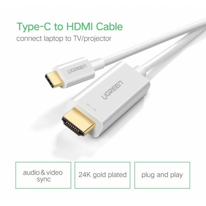 Кабель USB Type-C - HDMI 4K, 1,5 м, белый Ugreen