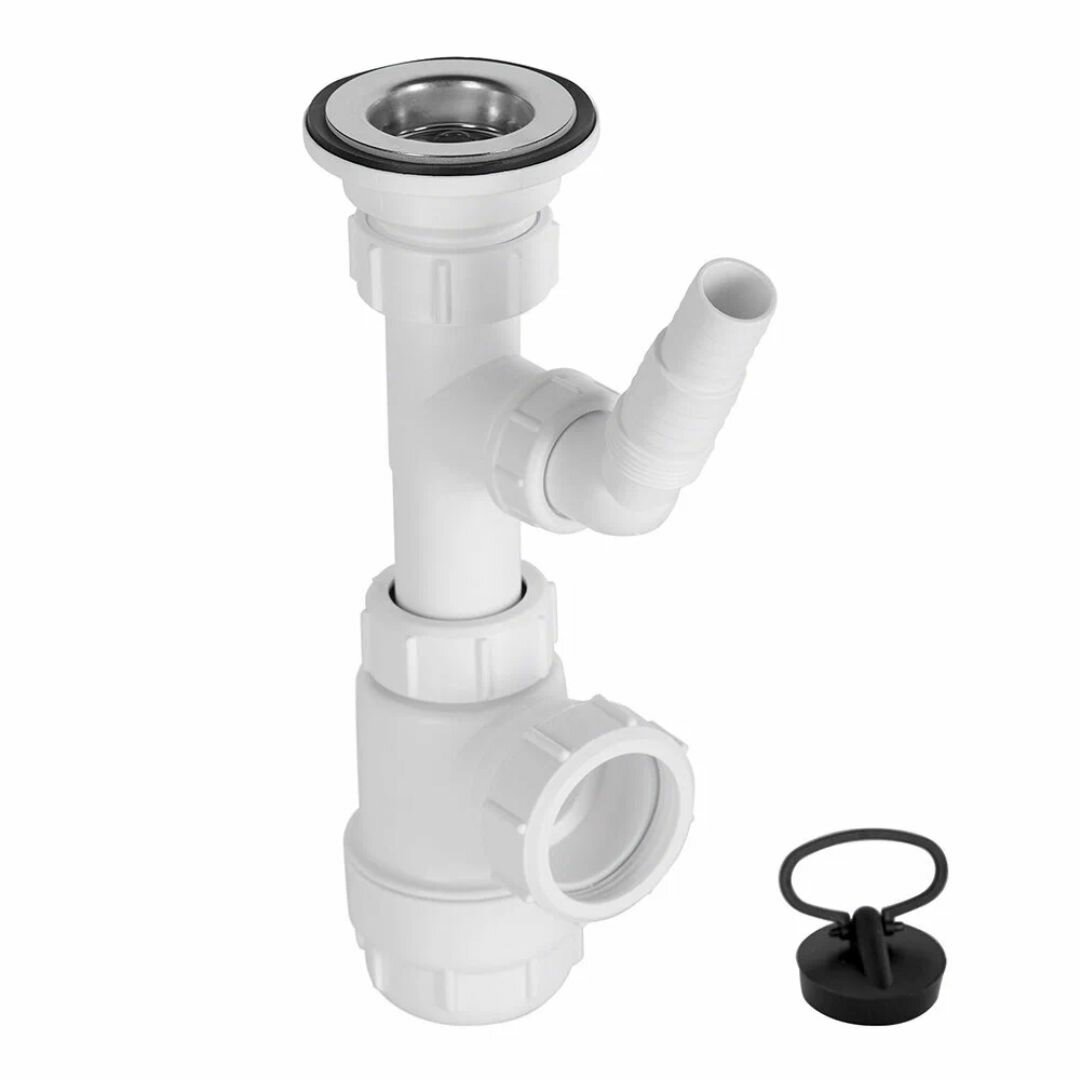 Сифон бутылочный McAlpine MRW240WM(1 1/4'x32мм) с выпуском(60мм нерж. решетка), пробкой и адаптером под углом для слива быт. тех; выход D40мм