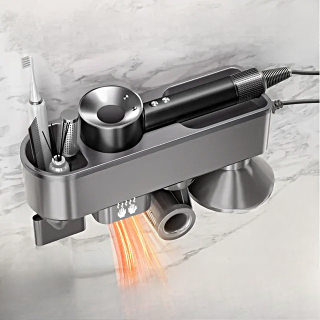 Держатель настенный для фена Dyson, Полка с органайзером для ванной, Cушилка для рук, Серебристый
