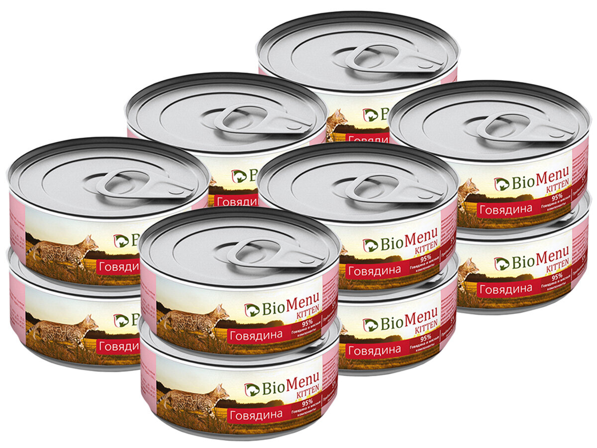 Корм влажный Biomenu Kitten для котят, мясной паштет с говядиной, 100 г х 12 шт