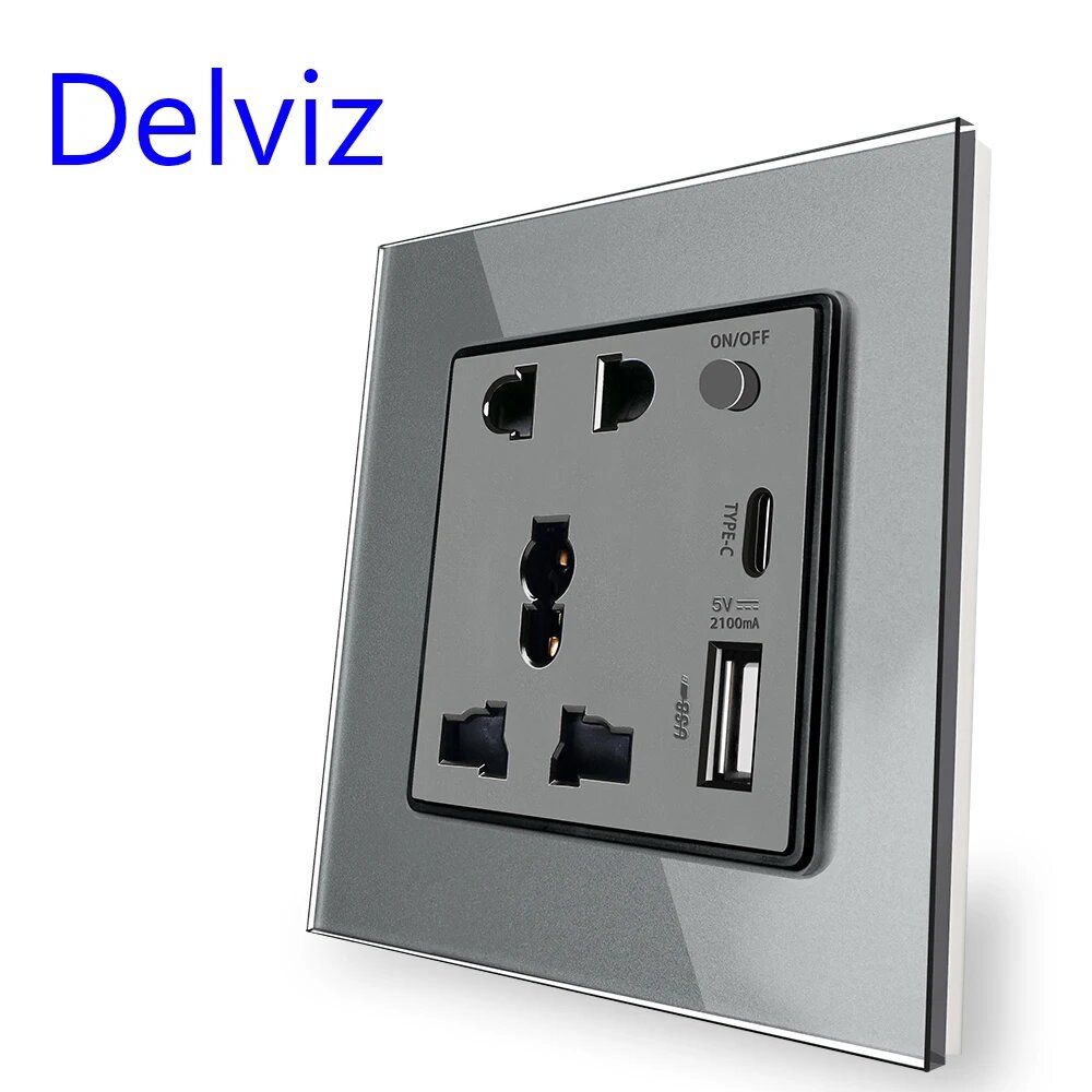 DELVIZ Розетка настенная серая с Type-C и USB 2A
