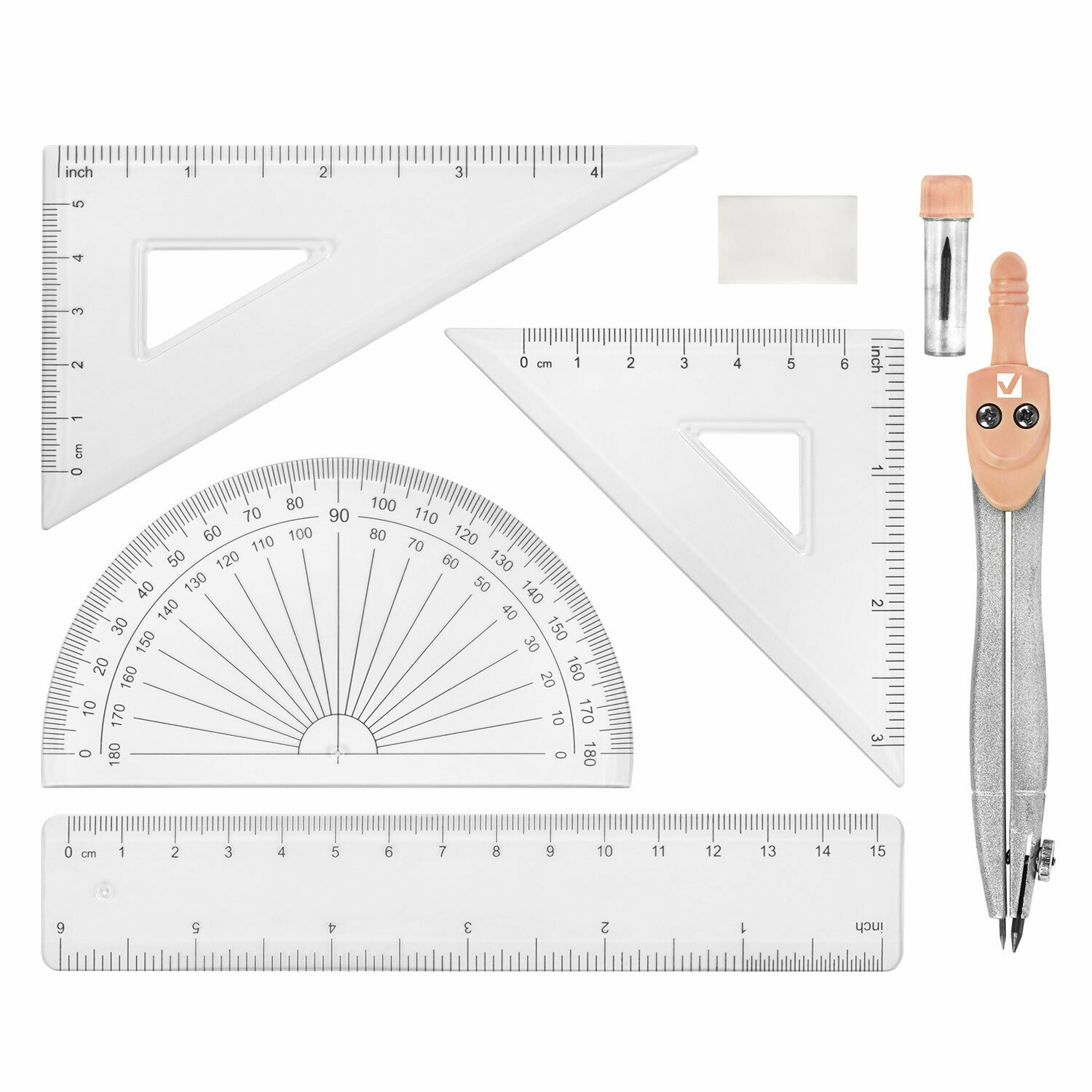 Упаковка 4 шт. Готовальня BRAUBERG SCHOOL KIT, 8 предметов, циркуль 115 мм, чертежные принадлежности, персиковый цвет, 210704