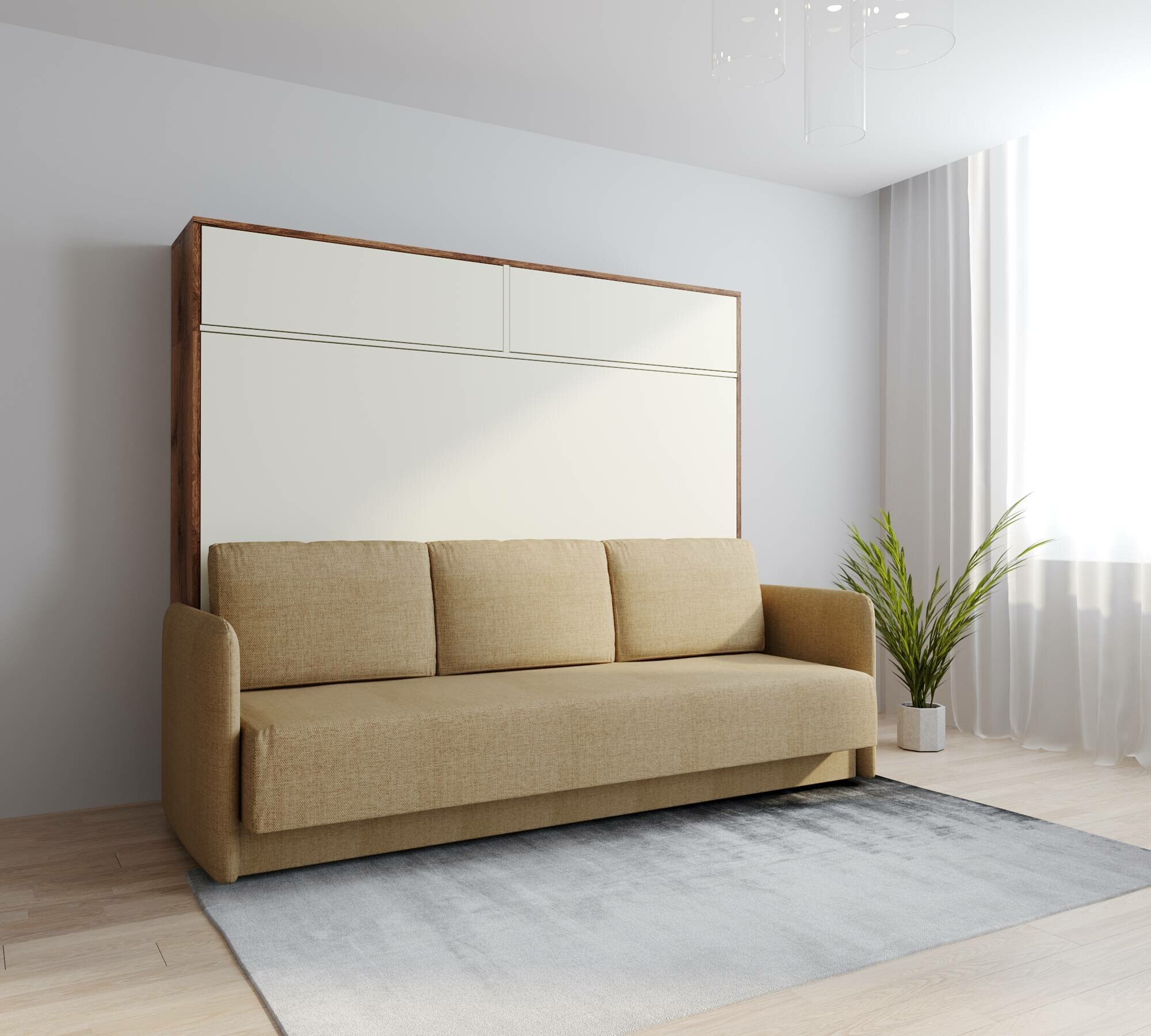 Шкаф кровать-трансформер с диваном Аджи Пуф 1400 с антресолью, узкими подлокотниками и нижней планкой Лайт Янтарь