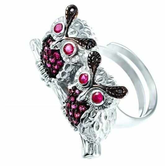 Кольцо, серебро, 925 проба, родирование, рубин синтетический, циркон