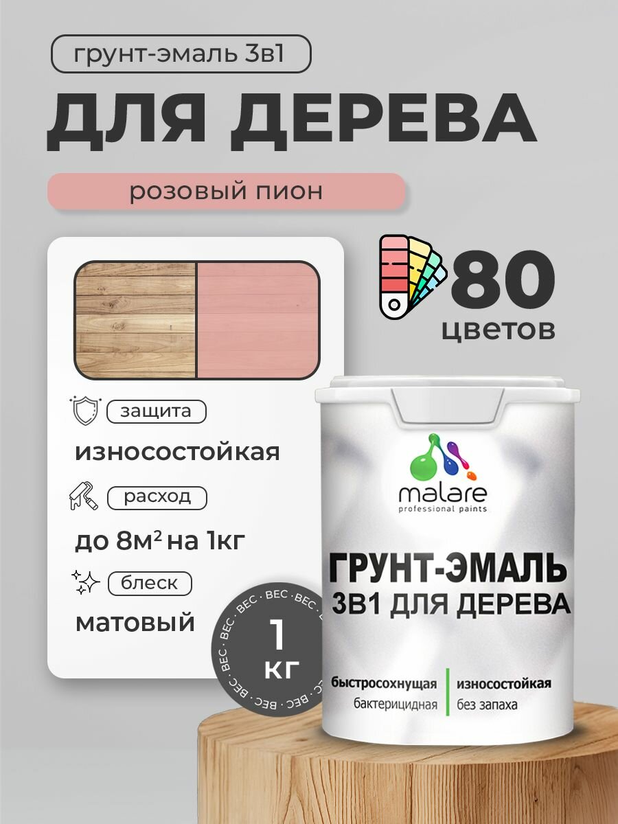 Акриловая Грунт-Эмаль 3 в 1 Malare для деревянных поверхностей/ краска по дереву с антисептическим эффектом/ быстросохнущая моющаяся без запаха матовая, розовый пион, 1 кг