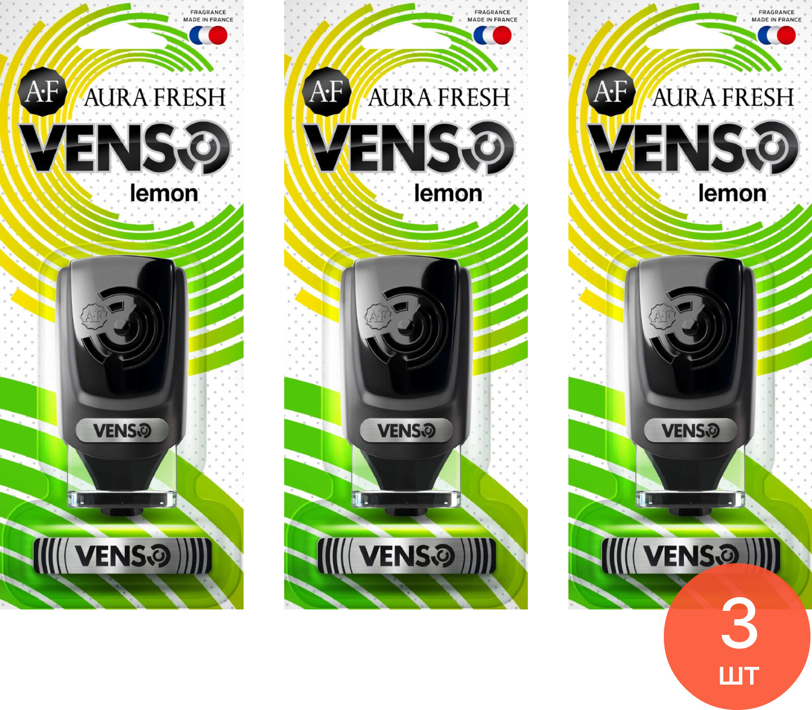 Ароматизатор автомобильный Aura Fresh / Аура Фреш Venso Lemon на дефлектор, цитрусовый аромат, 6мл / автотовары (комплект из 3 шт)