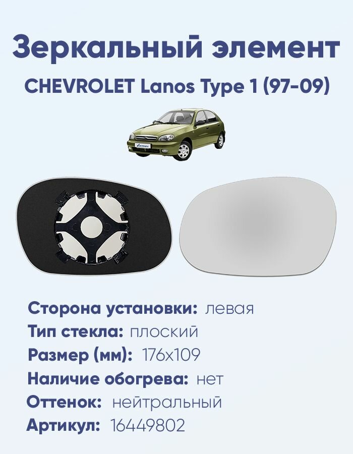 Зеркальный элемент левый CHEVROLET Lanos Type 1 (97-09) плоский нейтральный без обогрева