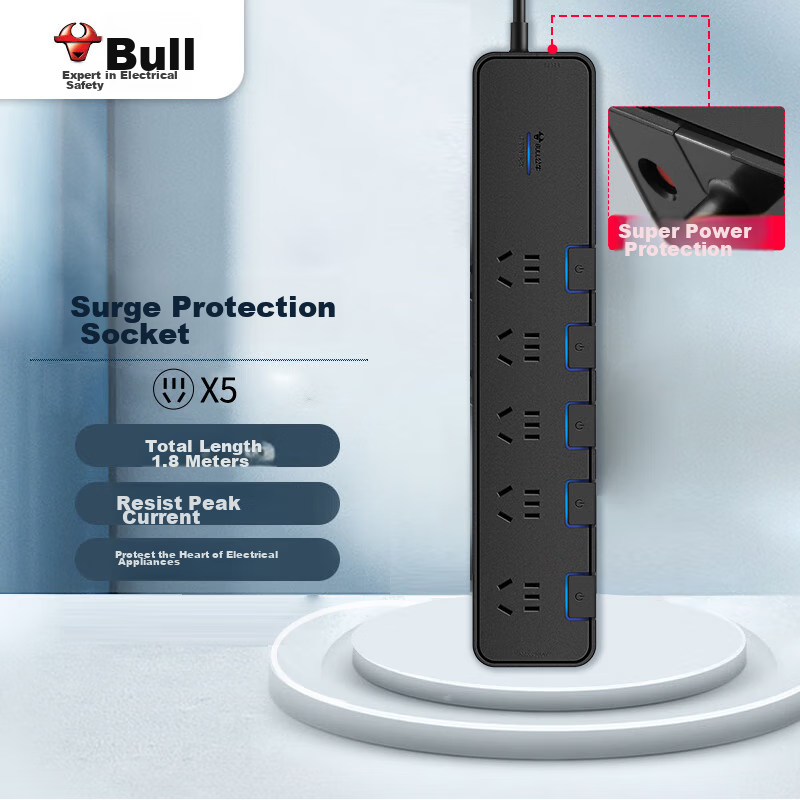 BULL Surge Protection Lightning Protection Gaming Power Strip/Extension Cord/Power Bar/Power Strip/Power Board, 5 Outlets with Individual Control, 1.8 Meters Long, Protects Smart Appliances, GN-H3053