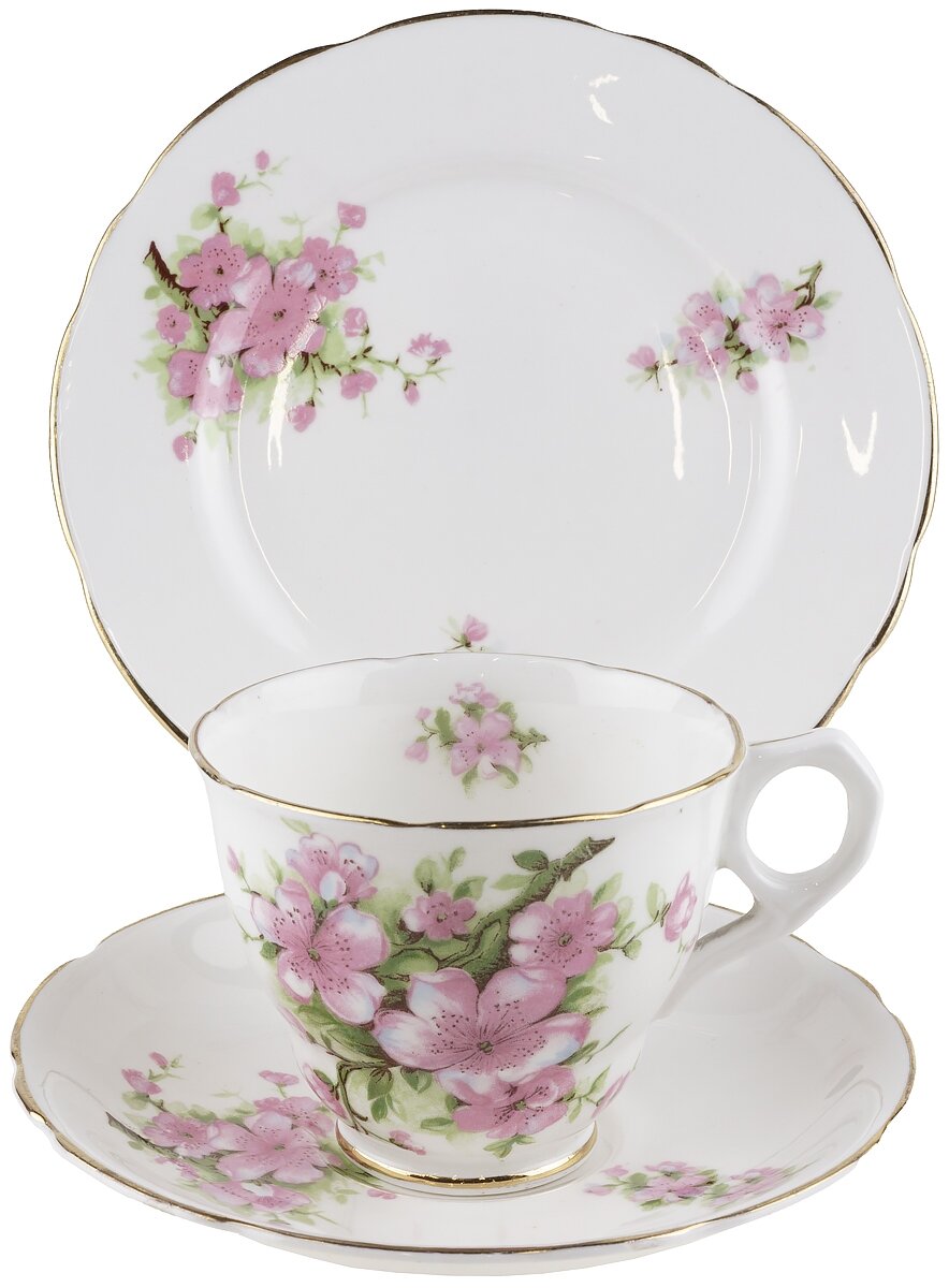 Чайное трио "Цветущая яблоня". Костяной фарфор, Великобритания, винтаж, вторая половина 20 века (нюанс)