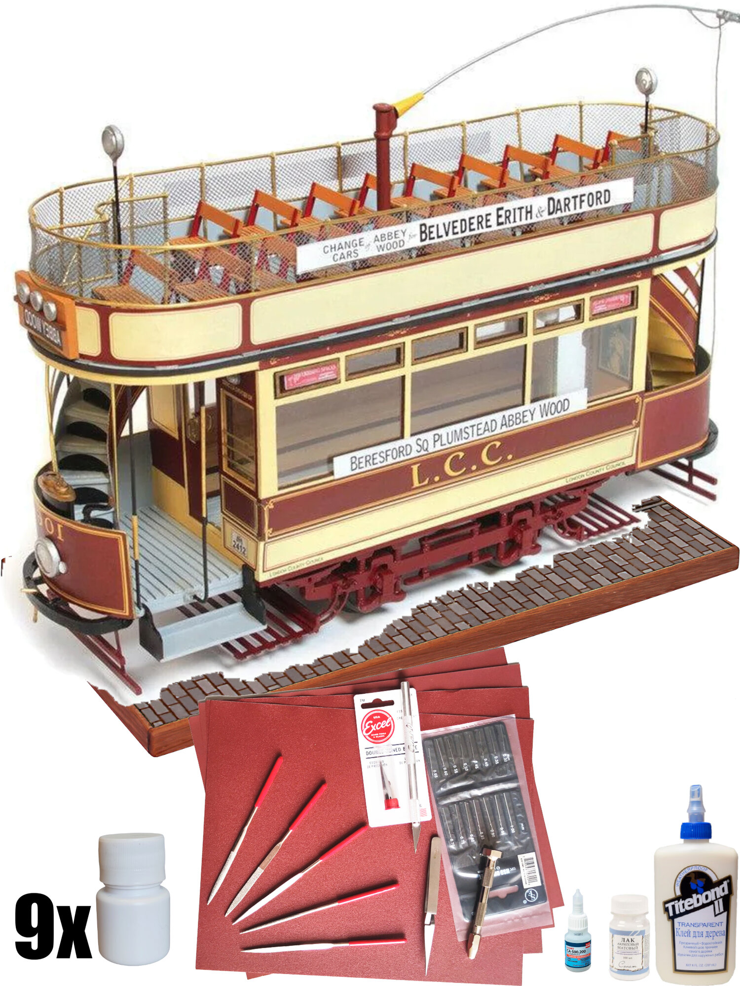 Модель трамвая OcCre London L. C. C.106, 355х216х93 мм, 1:24, подарочный набор, подставка, инструмент, краски, лак, клея