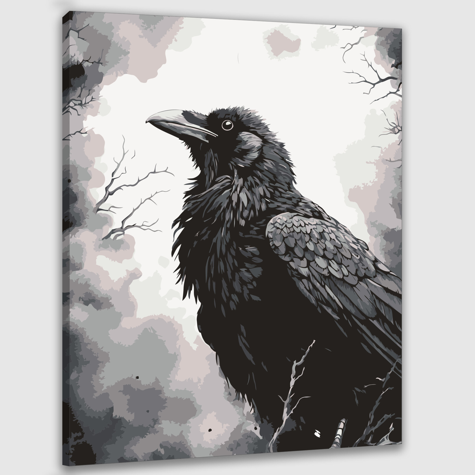 Картина по номерам 40x50 см, ворон, перо, тушь, штриховка, туман, облака, загадочность
