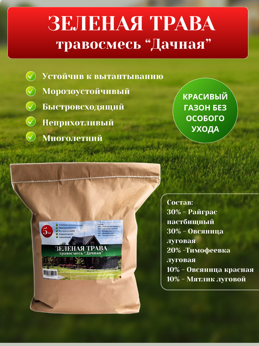 Зеленая трава. Газонная травосмесь Дачная 5 кг ГОСТ