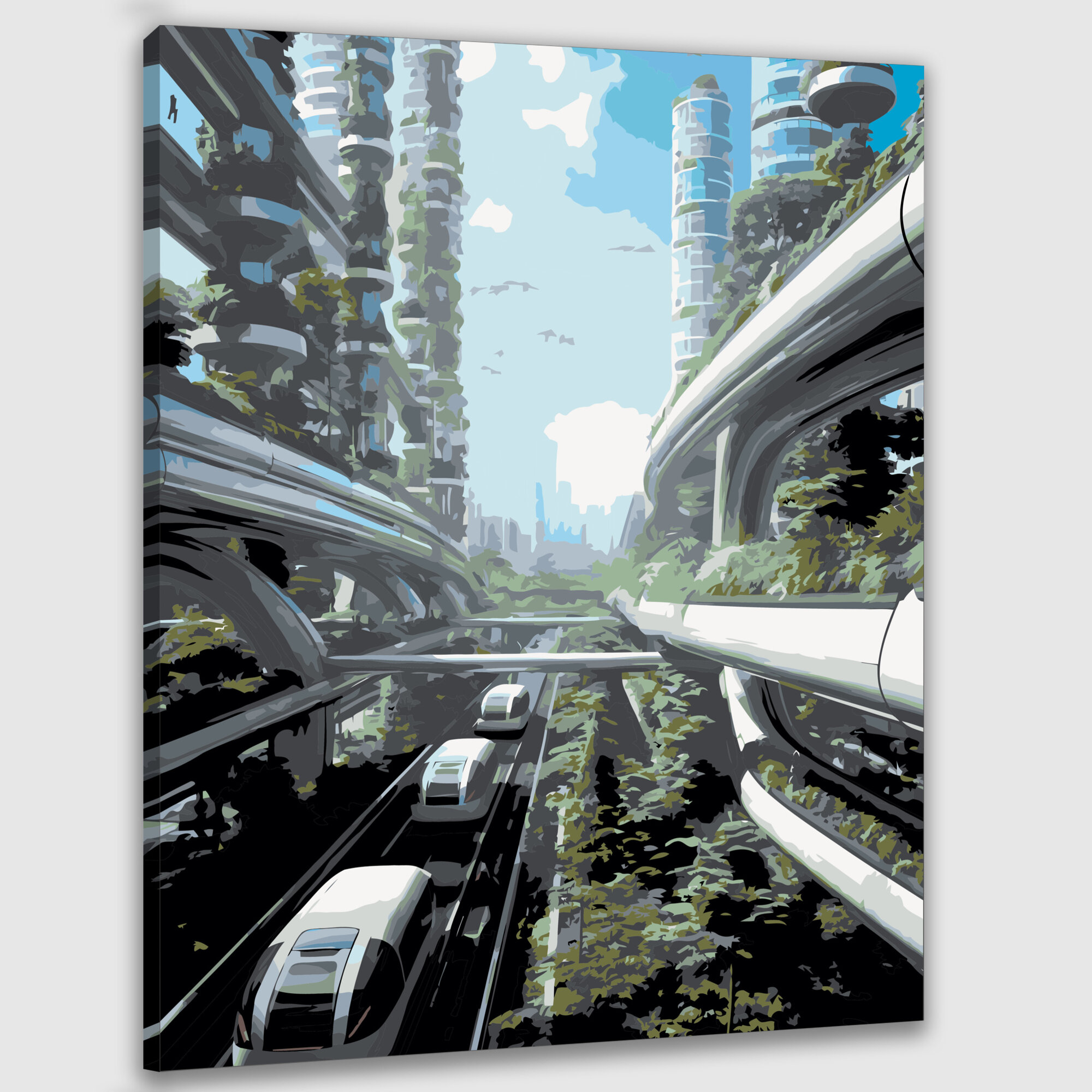 Картина по номерам 40x50 см, футуристическая транспорт, поезда hyperloop, надземные пути, городской пейзаж